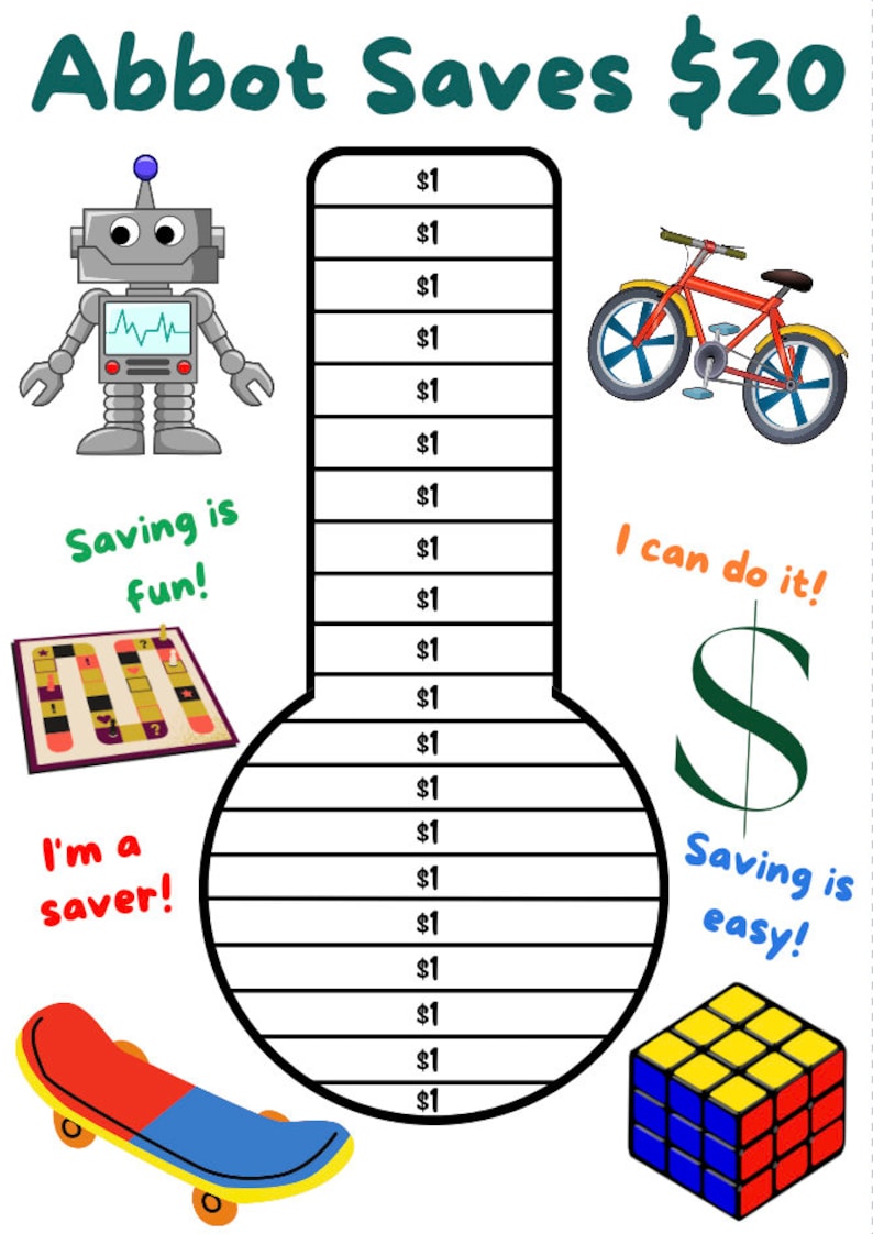 Kids 20 Dollar Saving Thermometer Printable Digital Download, Custom ...