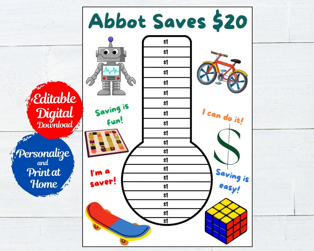 Kids 20 Dollar Saving Thermometer Printable Digital Download, Custom ...