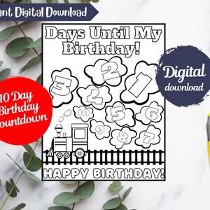 Train Birthday Countdown Coloring Page, Kids Birthday Coloring Sheet ...