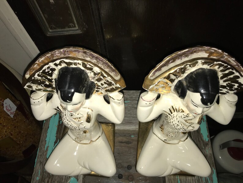 2 1940-50s Weil Ware California Pottery Asian Dragon Woman Figurine Fan ...