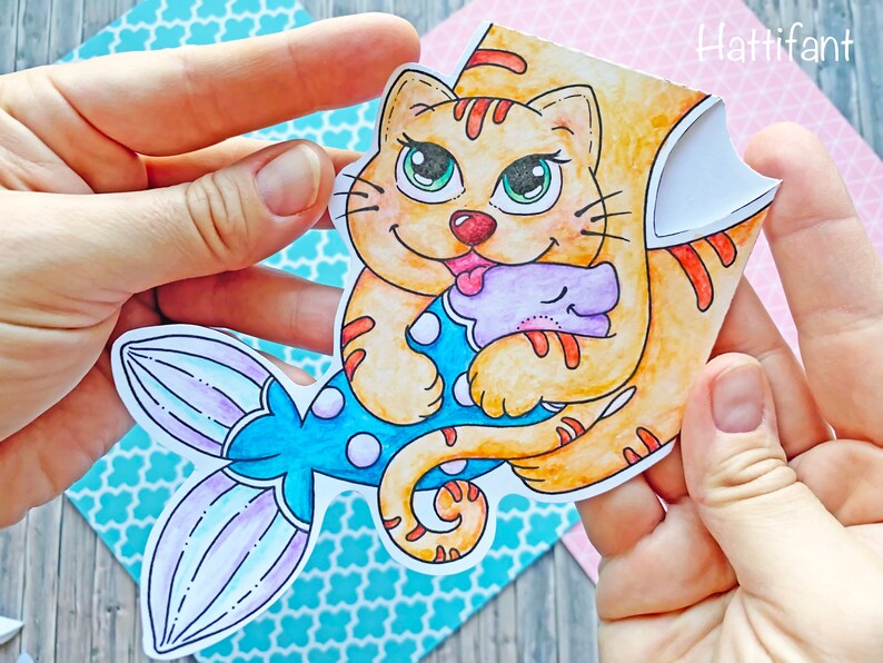 Kitty Cat Hugs Fish CORNER BOOKMARKS to Color and Craft - Etsy