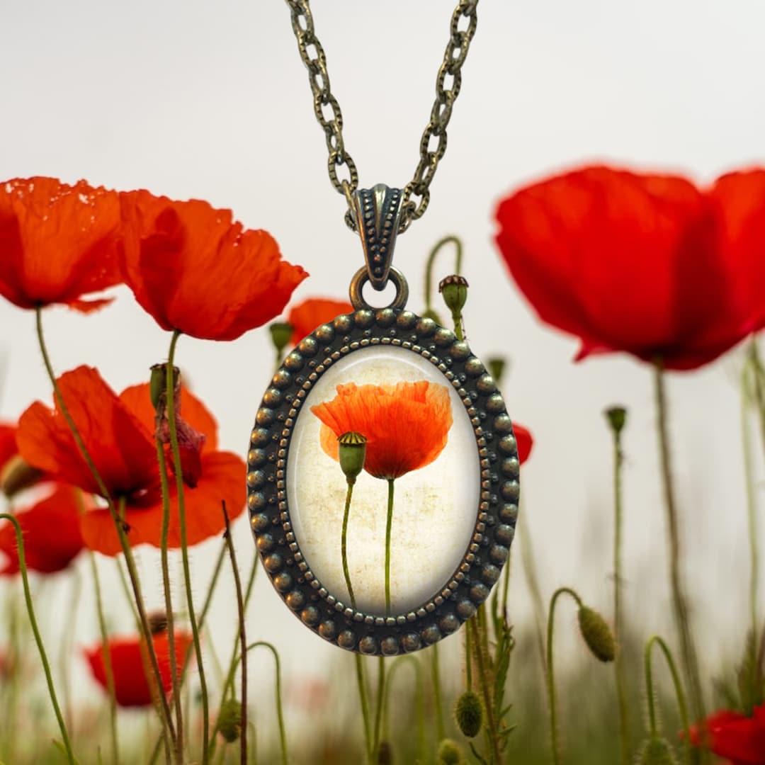 Red Poppy Oval Pendant Necklace Poppy Necklace Orange - Etsy