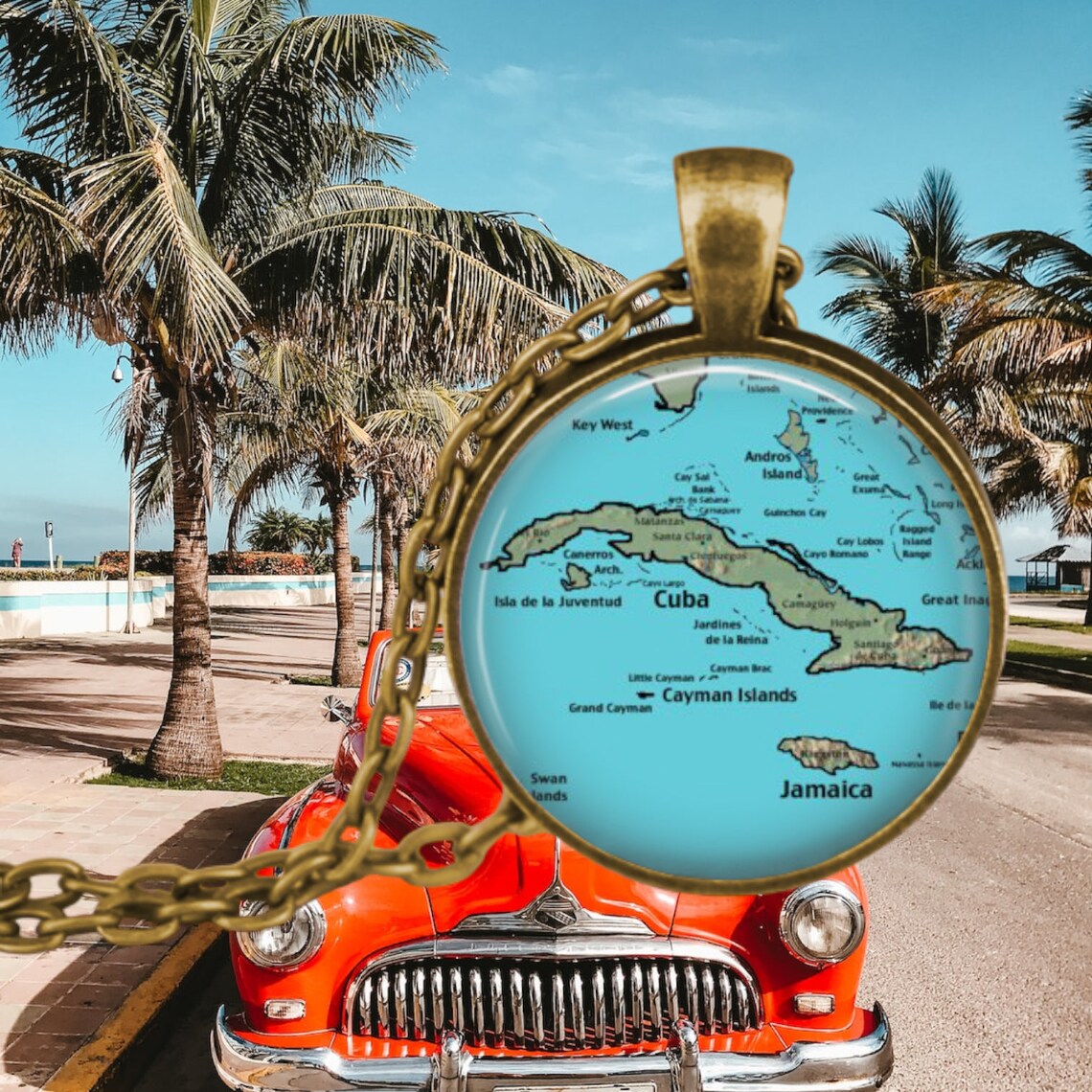 Retro CUBA Vintage Map Jewelry - Optional Compass Charm - Caribbean Map ...