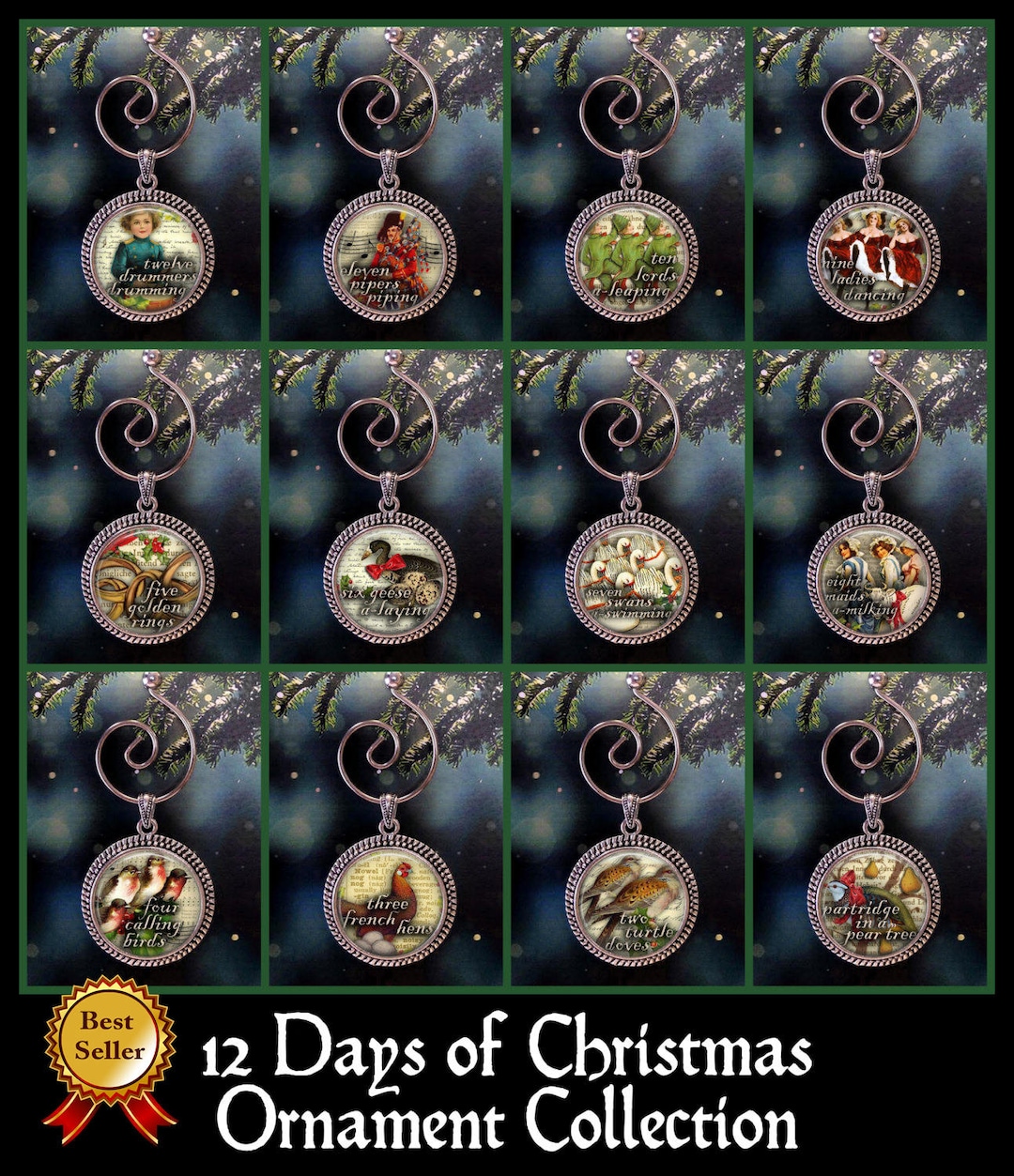 12 Days of Christmas Ornament Set: Bronze or Silver Finish, Heirloom ...