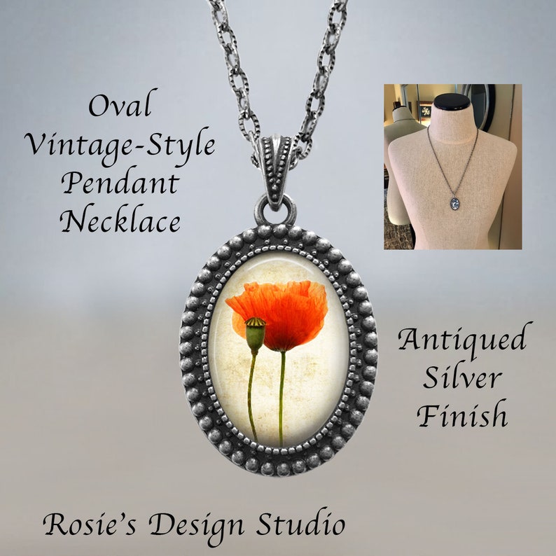 Red Poppy Oval Pendant Necklace Poppy Necklace Orange | Etsy
