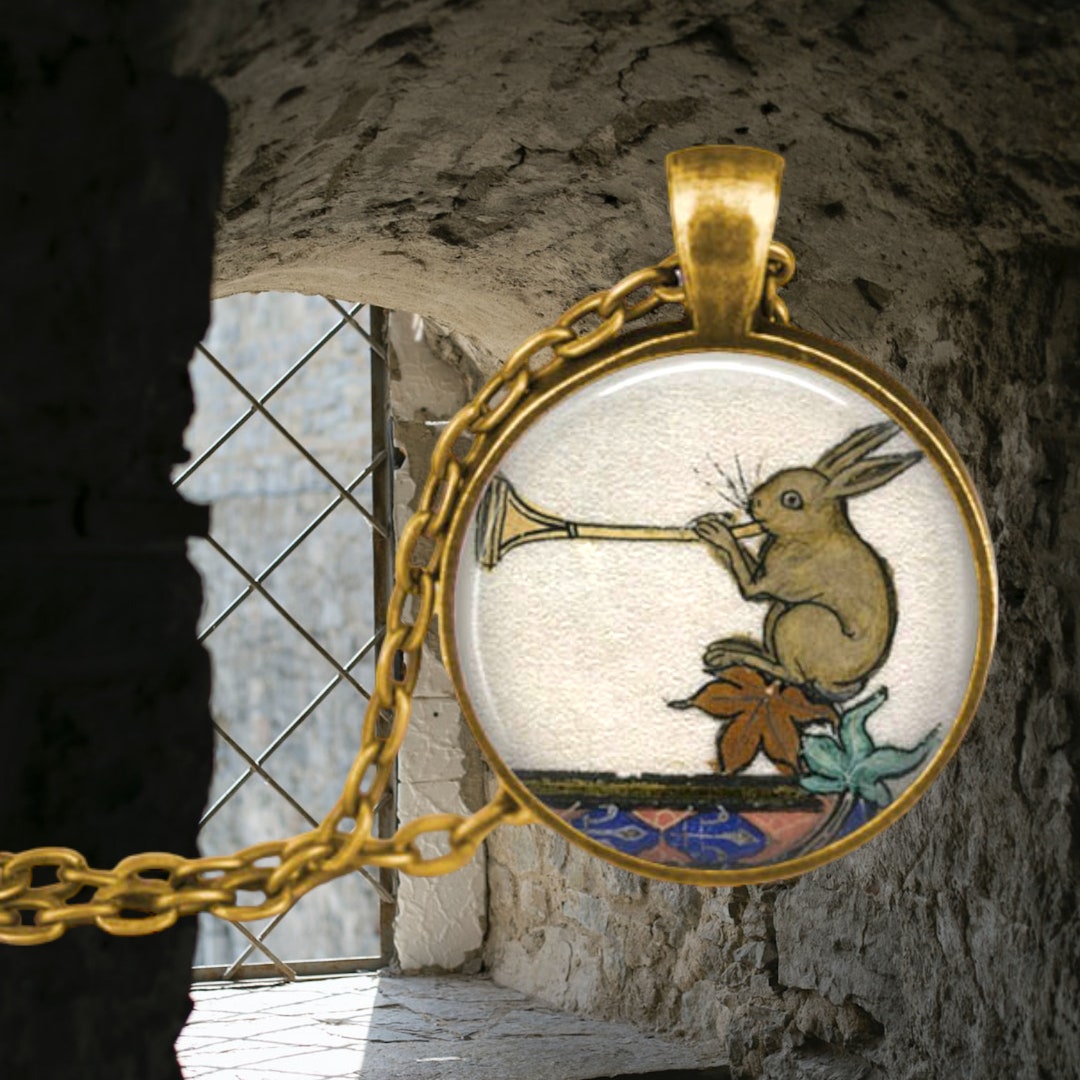 Medieval Rabbit Playing Trumpet Horn - Hare Pendant Necklace ...