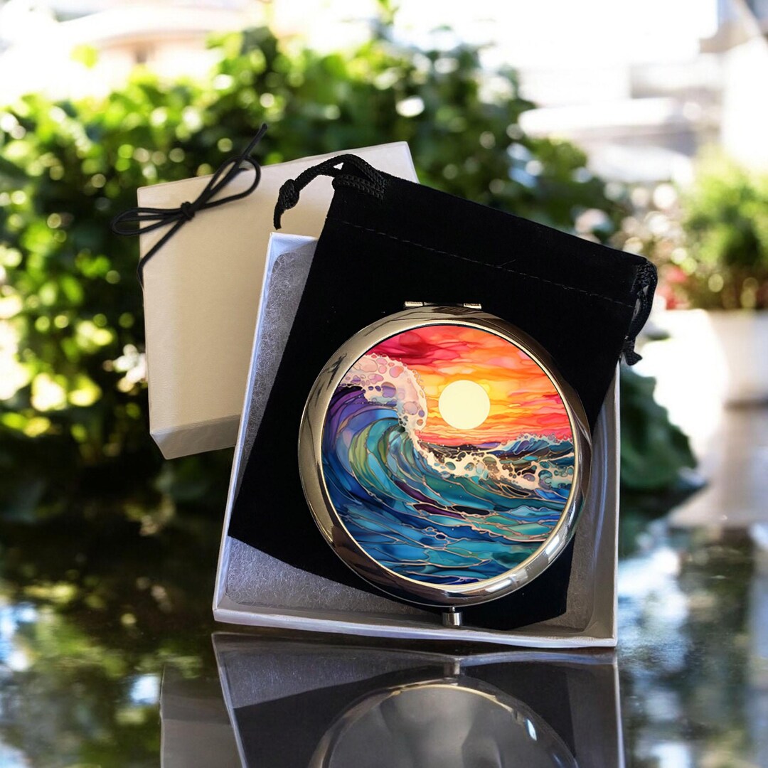 Sunset Ocean Waves Compact Mirror: Beach Lover Gift, Magnifying, Silver ...