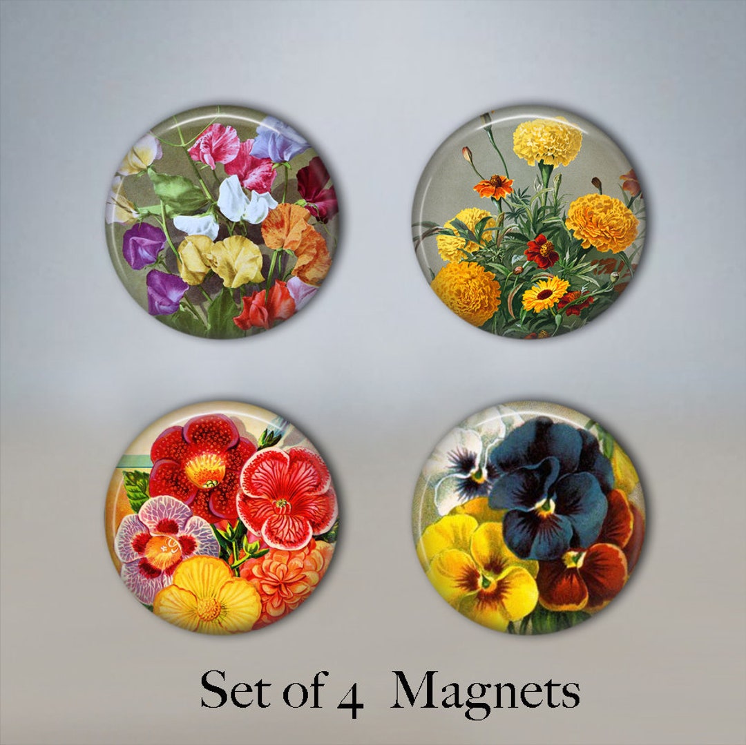 Vintage Flower Magnet Set Set of 4 Magnets Gardener Gift Floral Kitchen ...