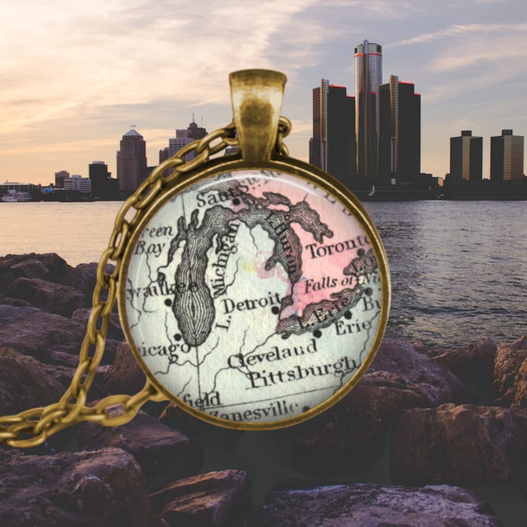 Vintage Detroit Map Necklace: Motown, Michigan, Windsor Canada - Etsy