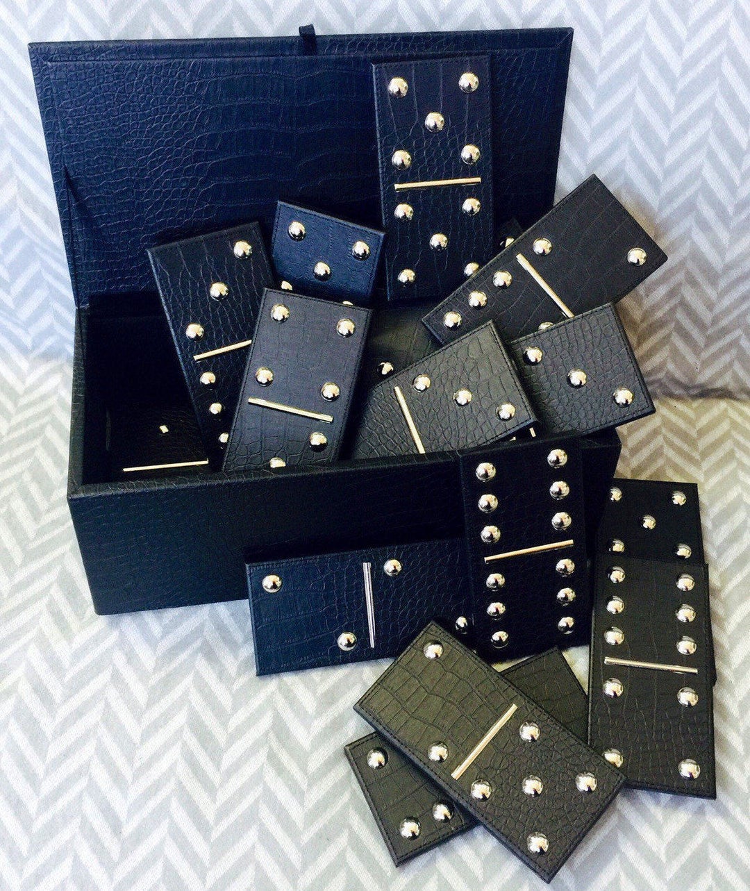 Giant 28 Piece Boxed Domino Set Enrobed in Black Crocodile With Chrome ...