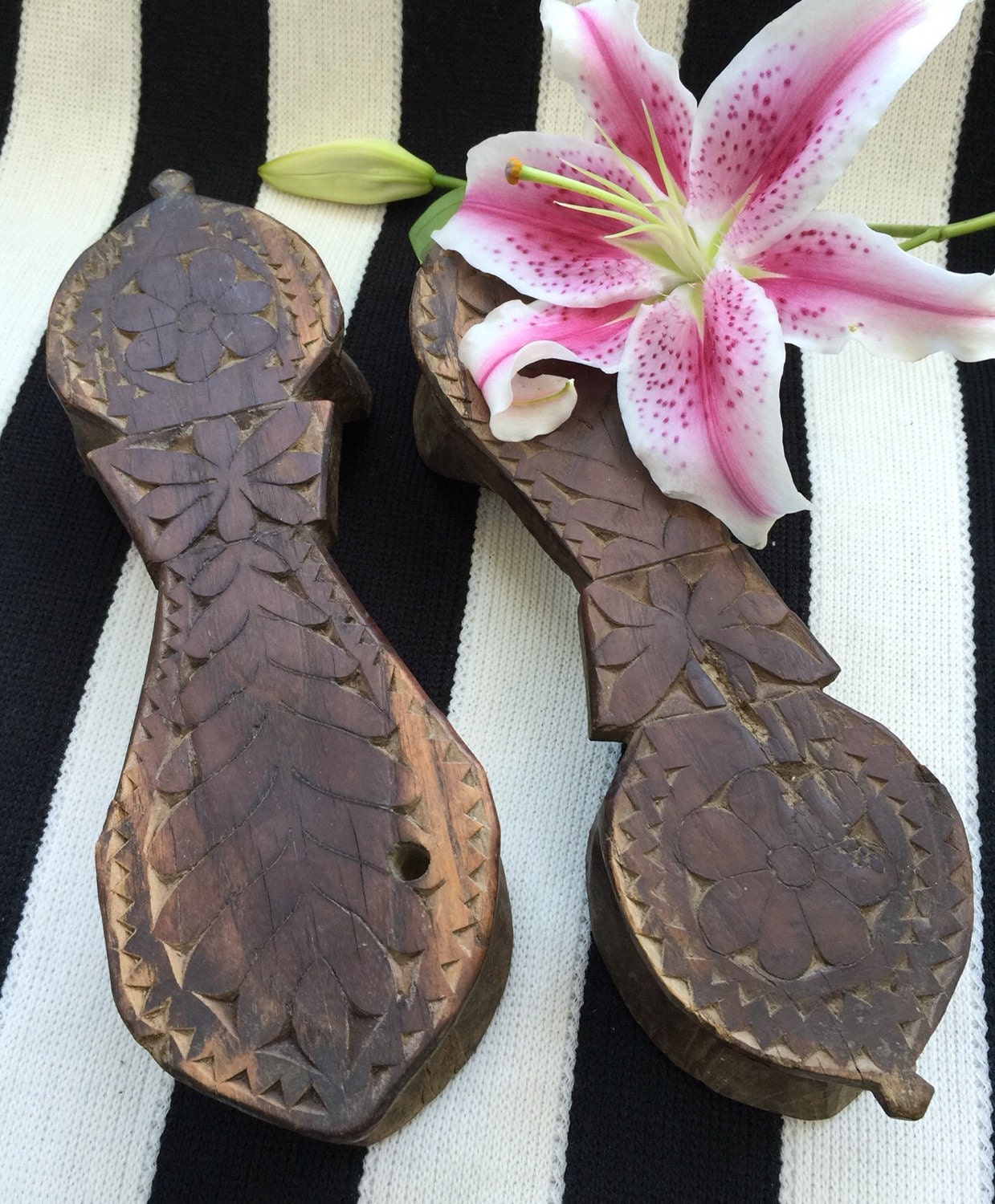 Antique Asian Wooden Platform Shoes With Intricate Hand-carved Floral ...