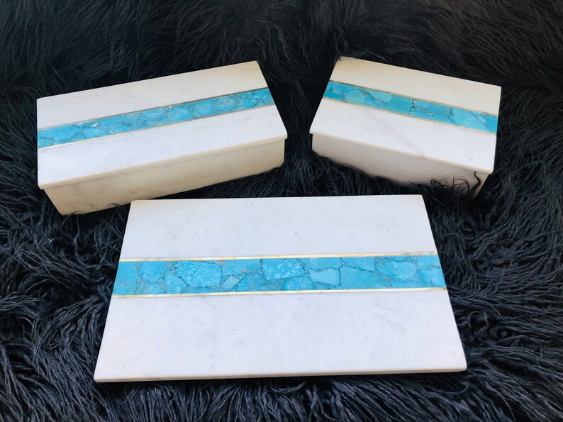 Choice of Gorgeous White Marble Boxes, Cantisters, or Tray With Gorgeous Turqoise and Brass ...
