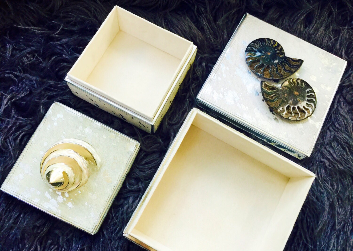White Cowhide Leather Boxes With Gilding & Choice of Shell or Pyrite ...