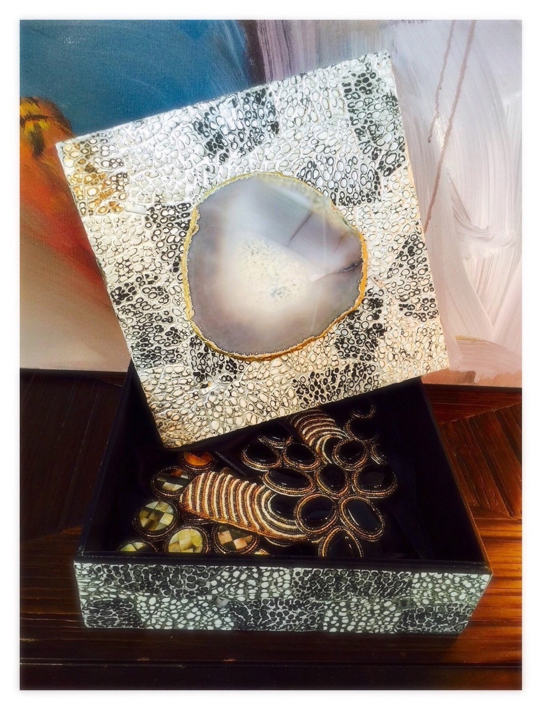 Gigantic Abalone Shell Inlayed Box With Gorgeous Gold Gilded Agate Slab ...