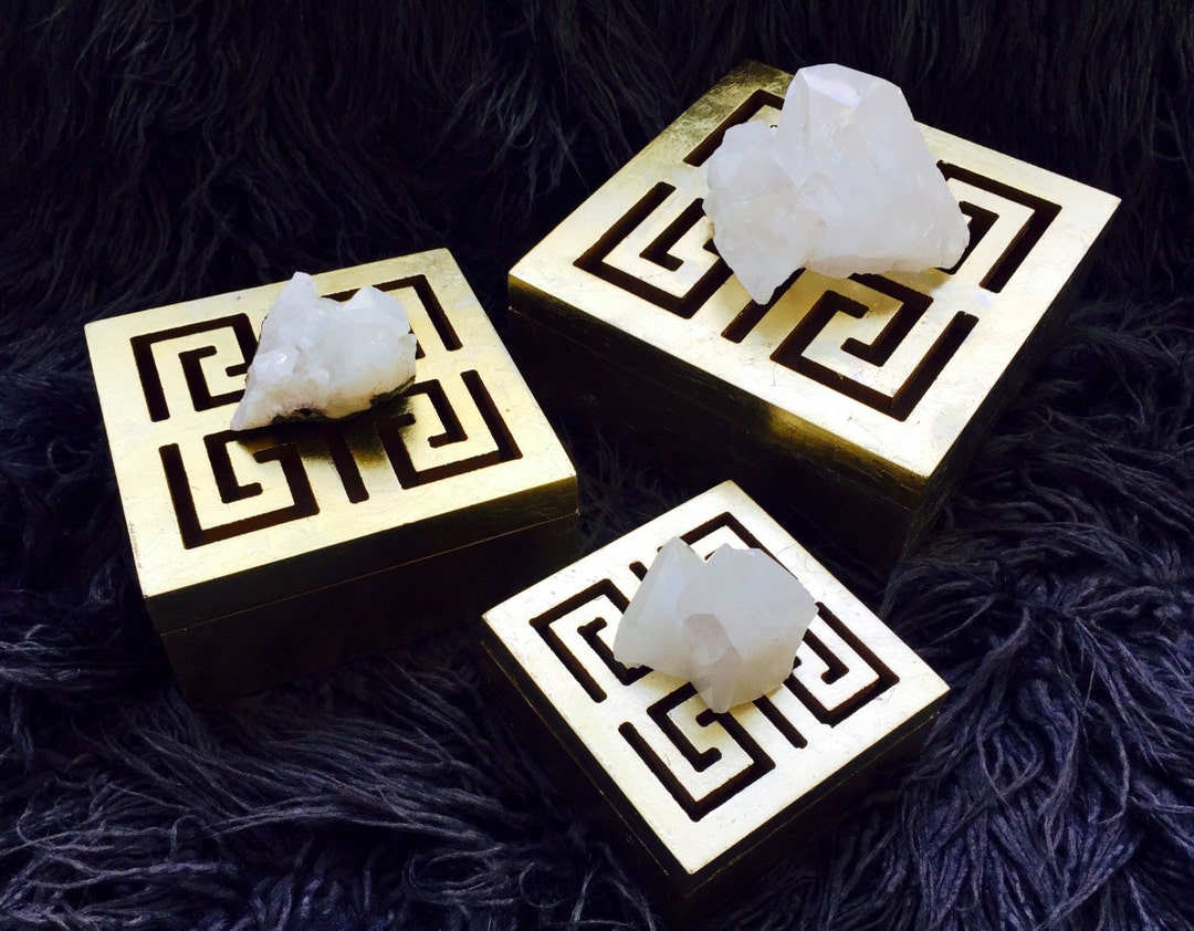 Gold Gilded Wooden Boxes Geometric Cutouts & Quartz Crystal Clusters ...
