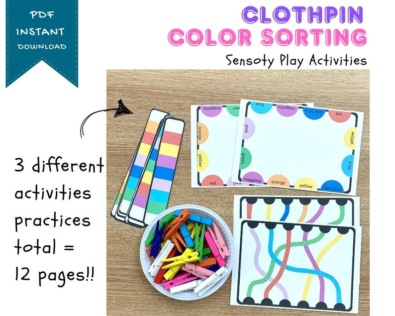 Loose Parts Cards, Clothpin Color Sorting Practices, 12 Cards ...