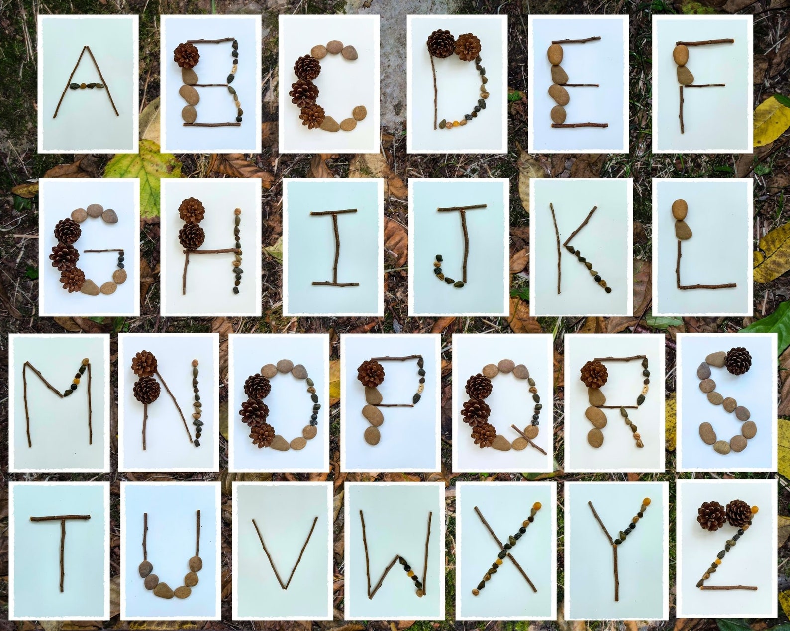Natural Loose Parts Card Pinecones,wooden Sticks,rocks, Alphabet A-Z ...