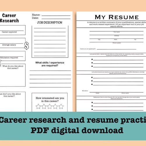 Career Research/ Exploration and Practice Resume Worksheet - Etsy