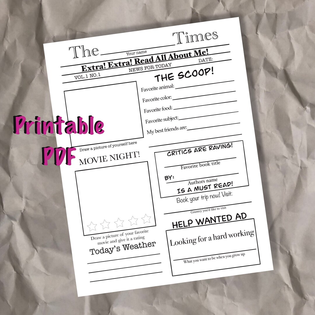All About Me Newspaper PDF Printable, Worksheet, Activity - Etsy