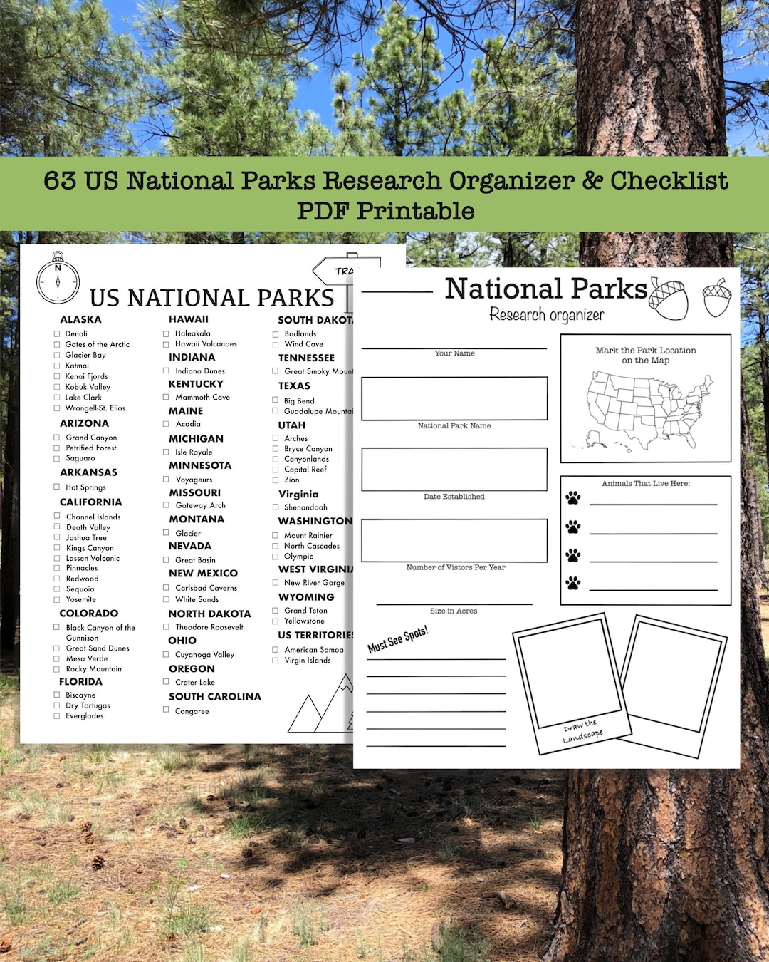 63 US National Parks Research Organizer and Checklist Printable ...