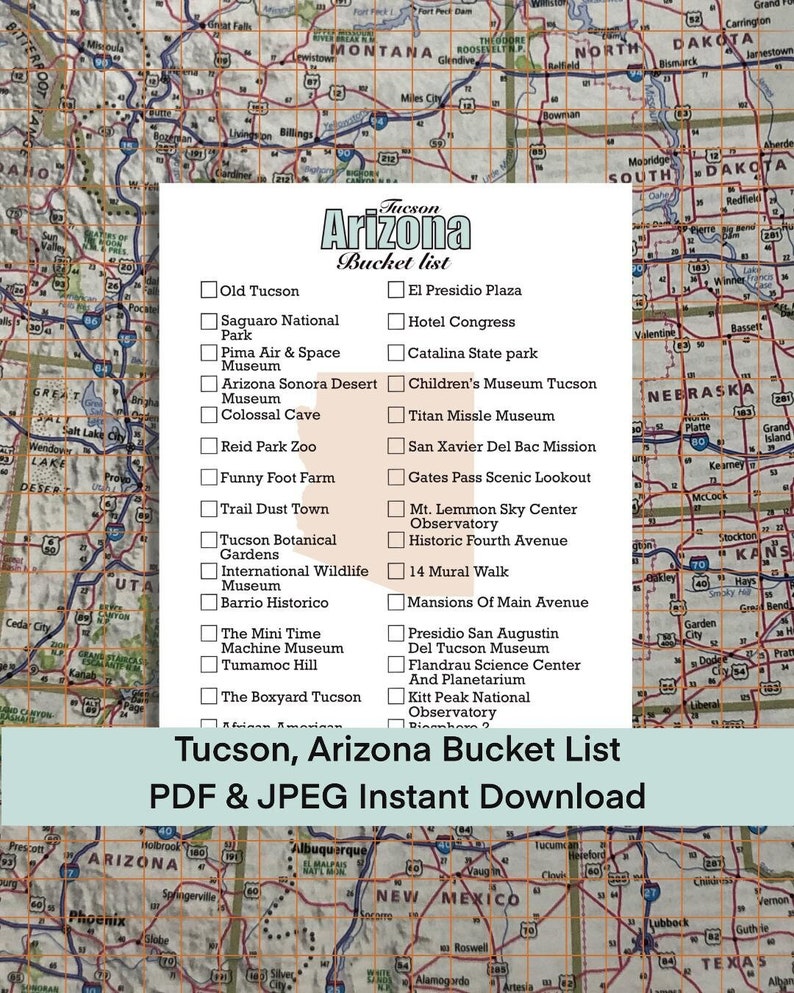 Tucson Arizona Bucket List Printable Check List, Travel Guide, Digital ...