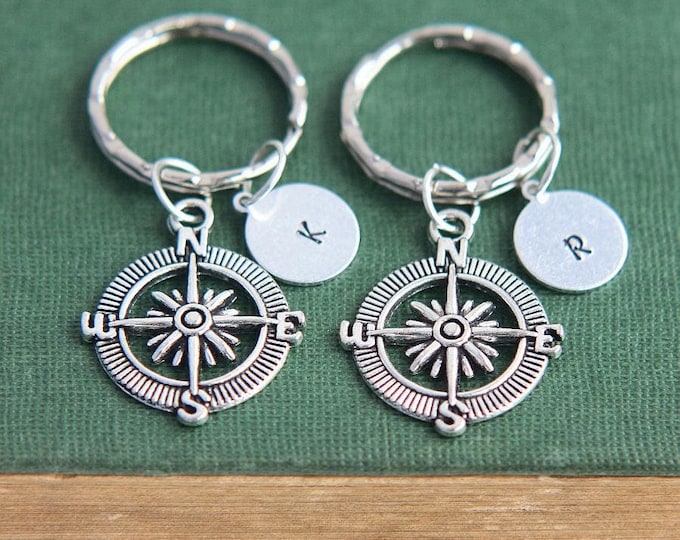 Compass Keychain, Best Friends Couple Keychain, Set of Two Initial ...