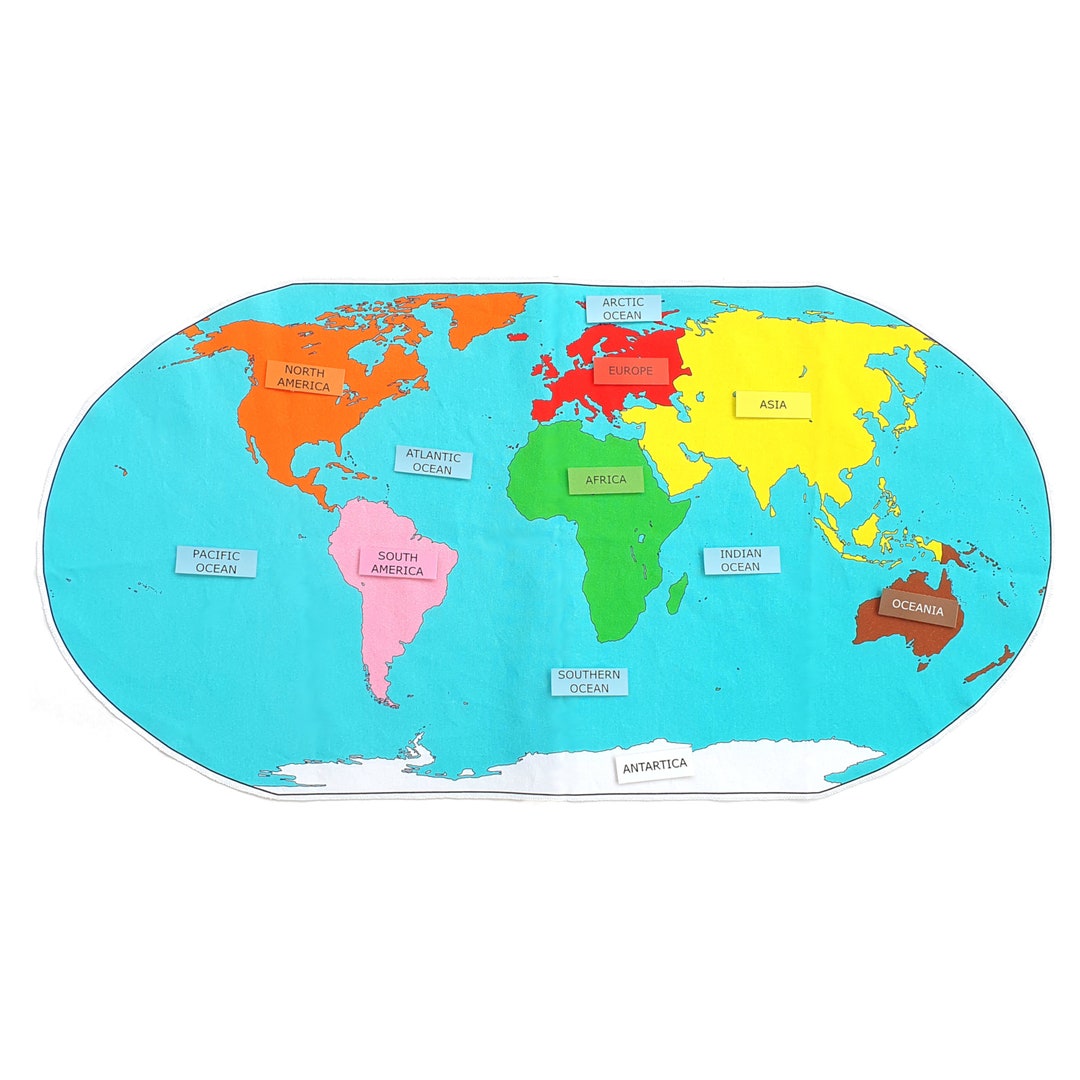 Continents Map Montessori Big Cotton Fabric World Map Geography Study ...