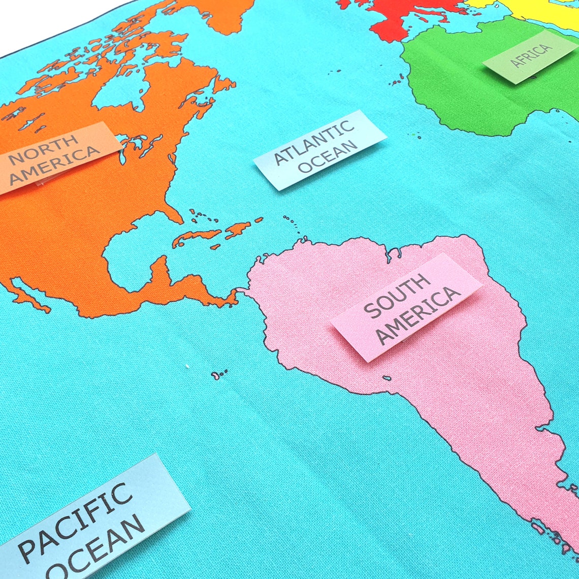 Continents Map Montessori - Big Cotton Fabric World Map - Geography ...