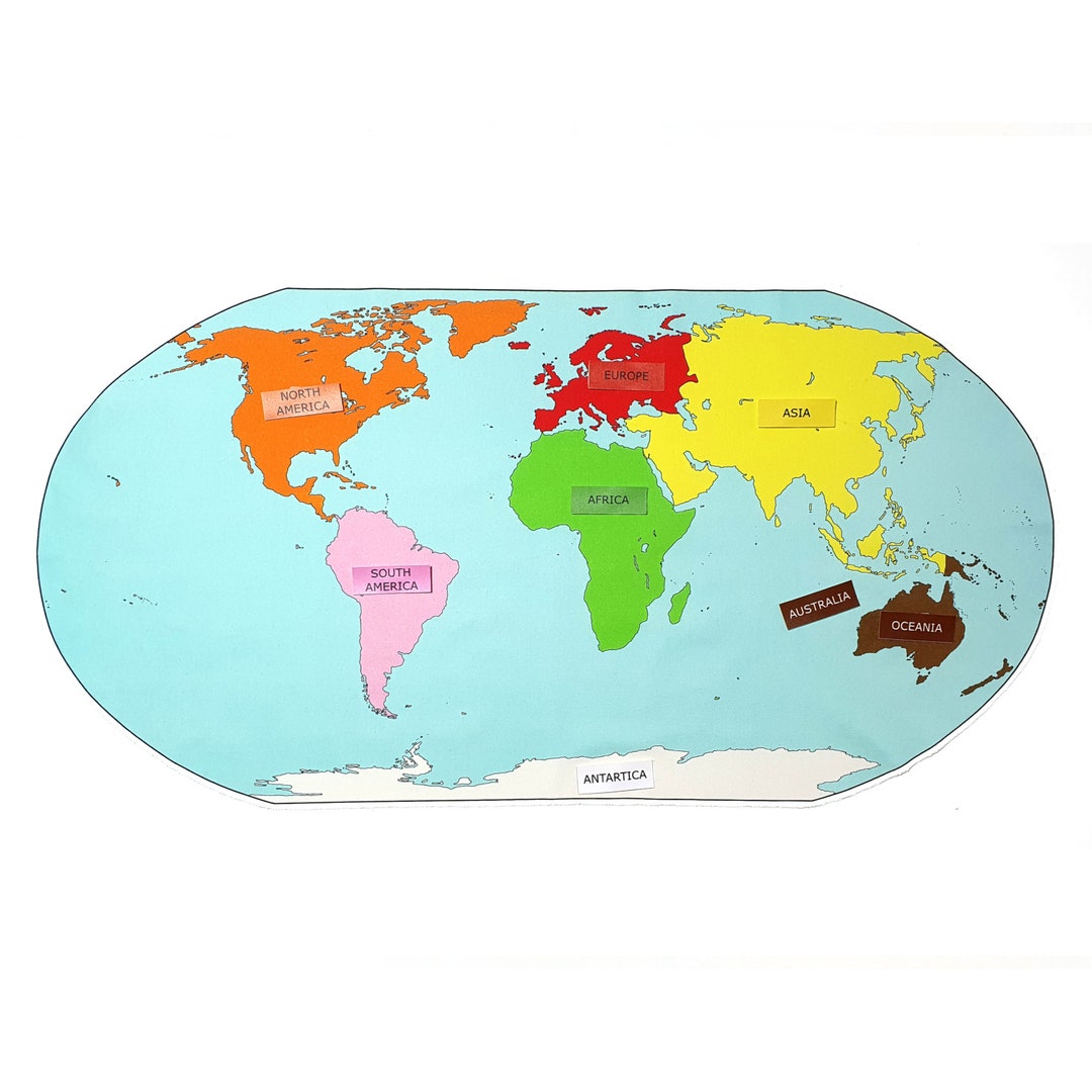 Continents Map Montessori Big Cotton Fabric World Map Geography Study ...