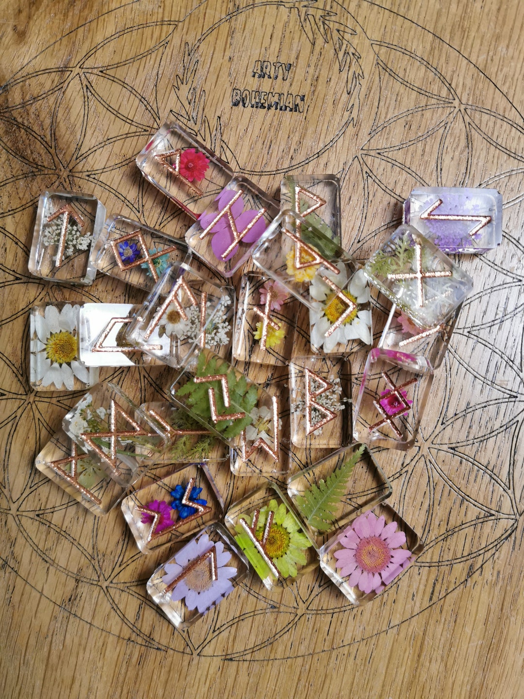 ELDER FUTHARK RUNES, Full Set of Floral Rune Stones, Real Flowers ...