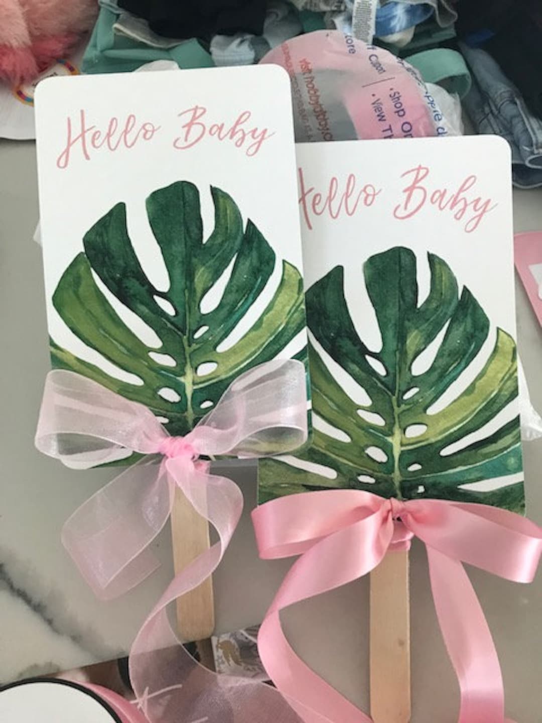 Tropical Baby Shower Fan 25 for Place Setting Hello Baby Monstera Leaf ...