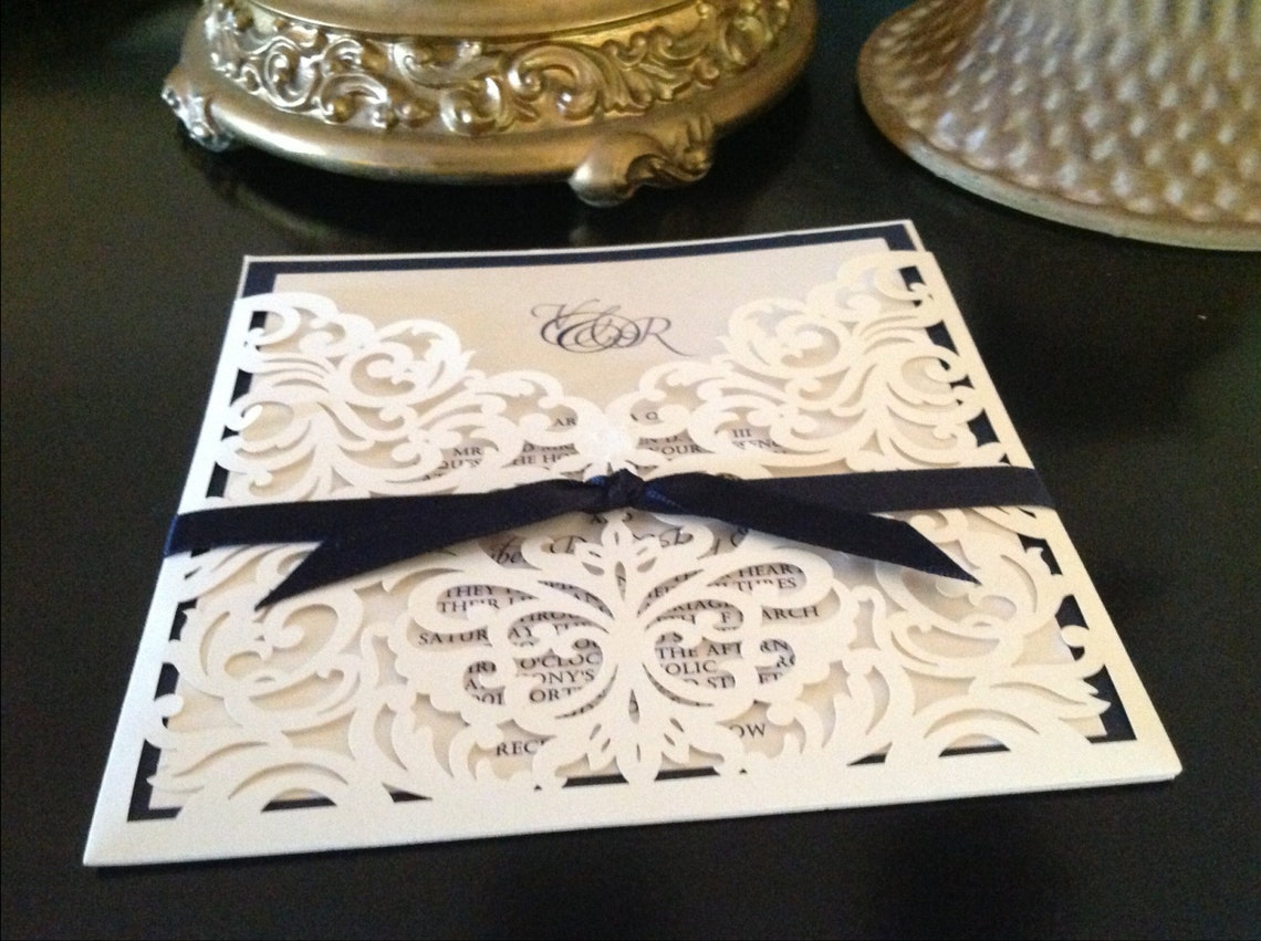 25 Lace Laser Cut Wedding Invitations, Pearl White, Navy Ribbon - Etsy