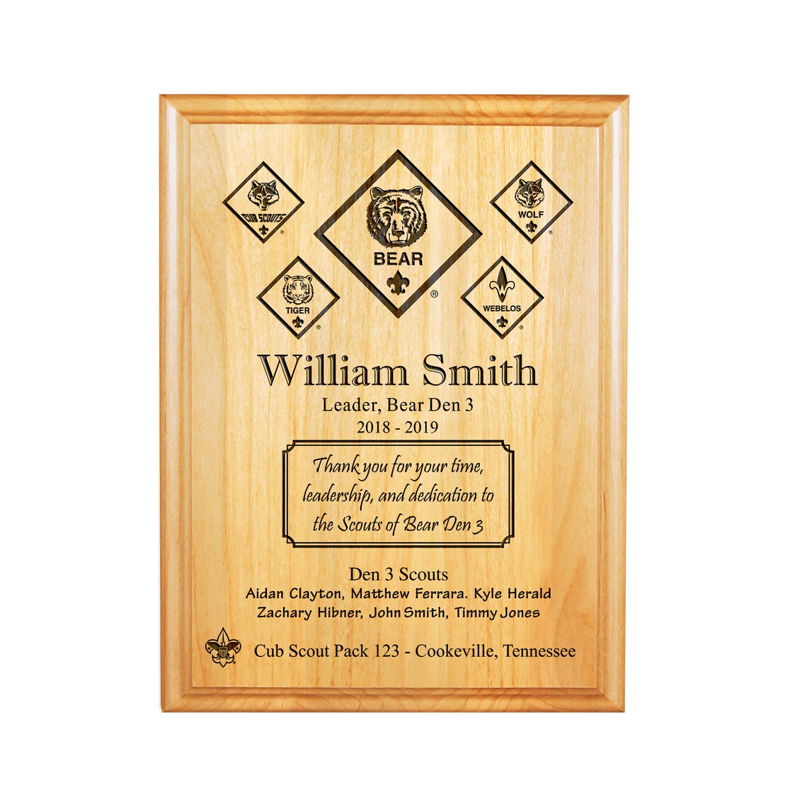 BSA Licensed Bear Den Leader Cub Scouts Plaque With Rank - Etsy