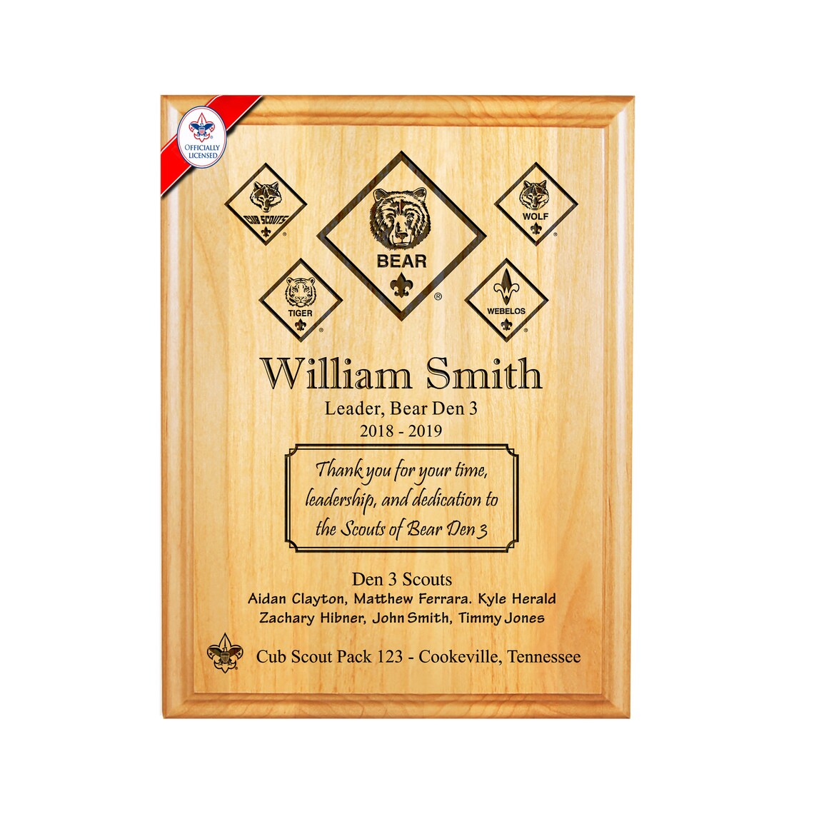 BSA Licensed Bear Den Leader Cub Scouts Plaque with Rank | Etsy