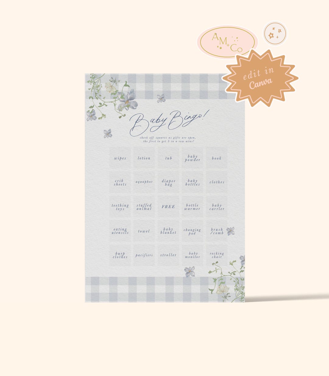 Blue Baby Shower Bingo Game Card | Printable Party Game | Digital ...