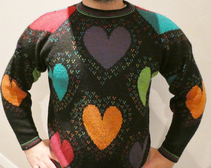 Vintage 1980s-1990s Rainbow Heart Sweater- Holiday Sweater - Etsy