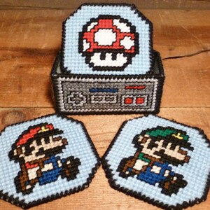 Handcrafted Nintendo Mario Brothers Yarn Art Plastic Canvas Coaster Set ...