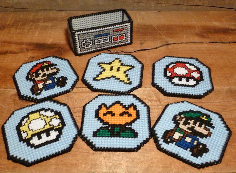 Handcrafted Nintendo Mario Brothers Yarn Art Plastic Canvas Coaster Set - Etsy