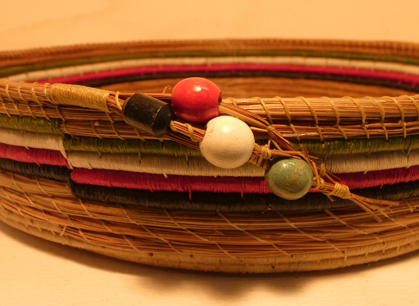 Handcrafted Pine Needle coiled basket with wood base and bead | Etsy