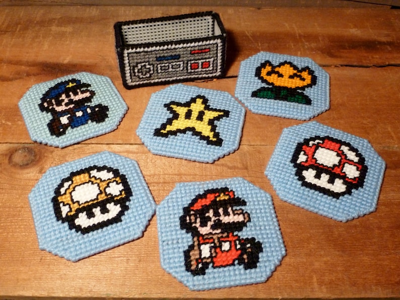 Handcrafted Nintendo Mario Brothers Yarn Art Plastic Canvas Coaster Set ...