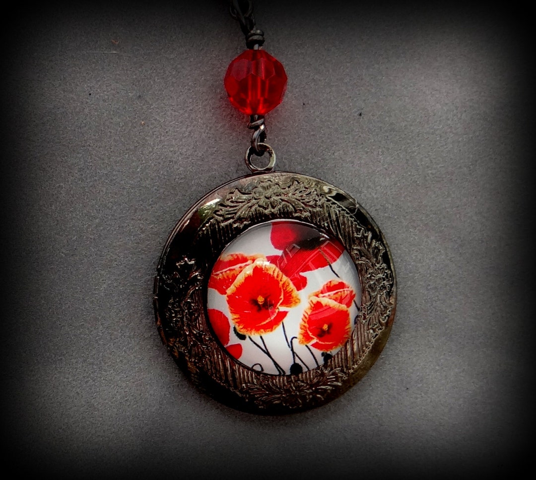Photo Locket Necklace With Poppy Flowers Pictures Under - Etsy