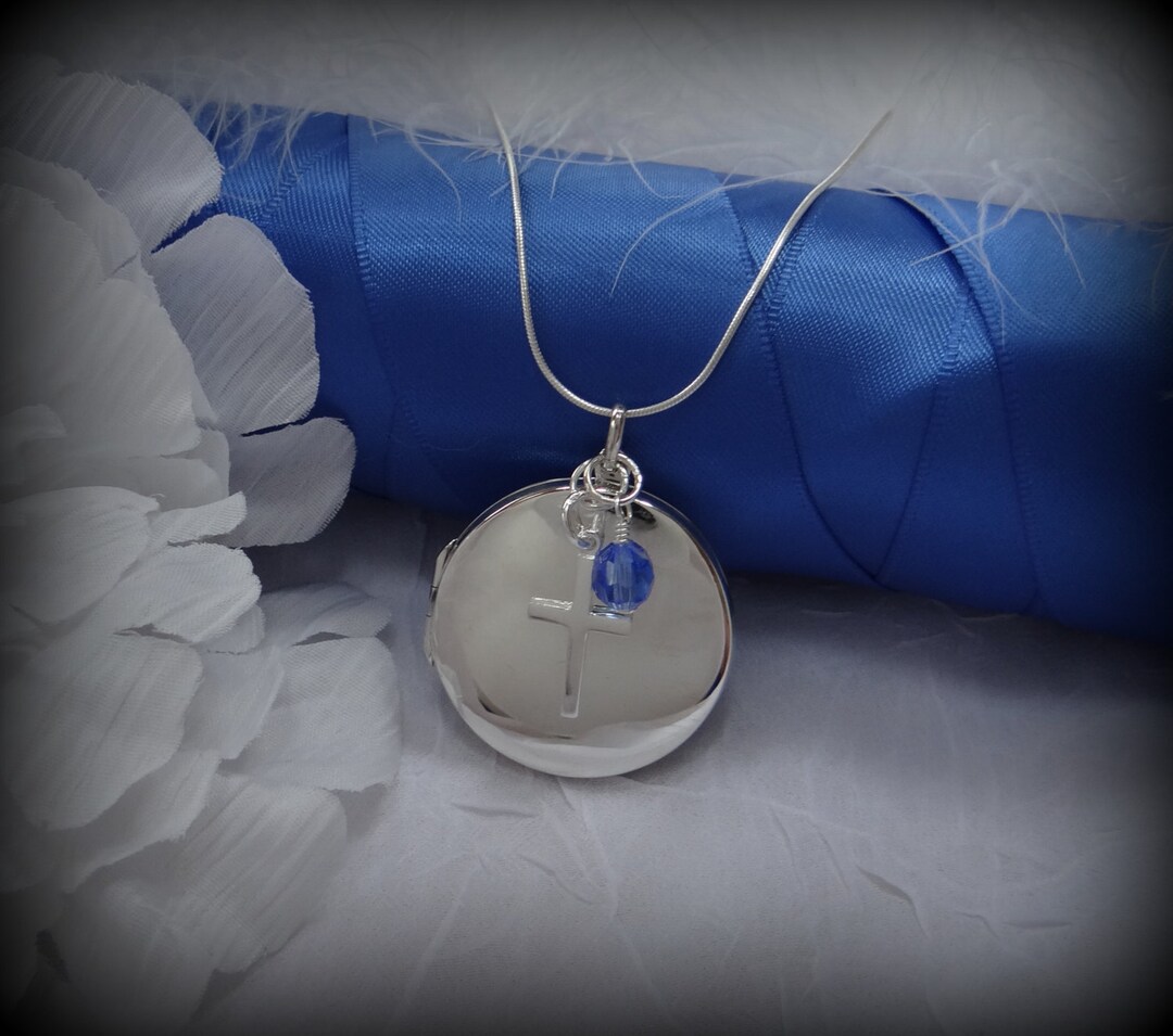 Sterling Silver Cross Locket With Crystal Birthstone - Holds 2 Photos ...
