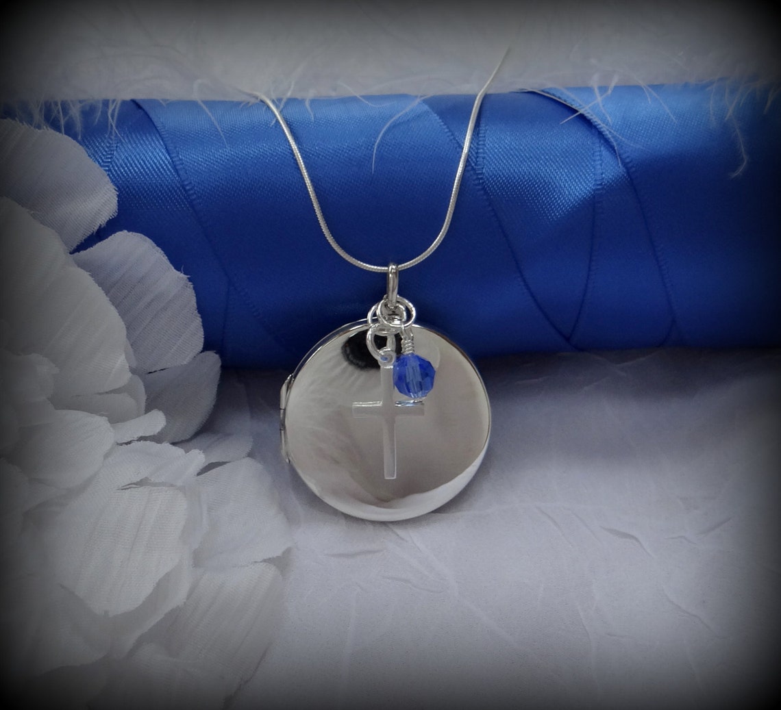 Sterling Silver Cross Locket With Crystal Birthstone - Holds 2 Photos ...