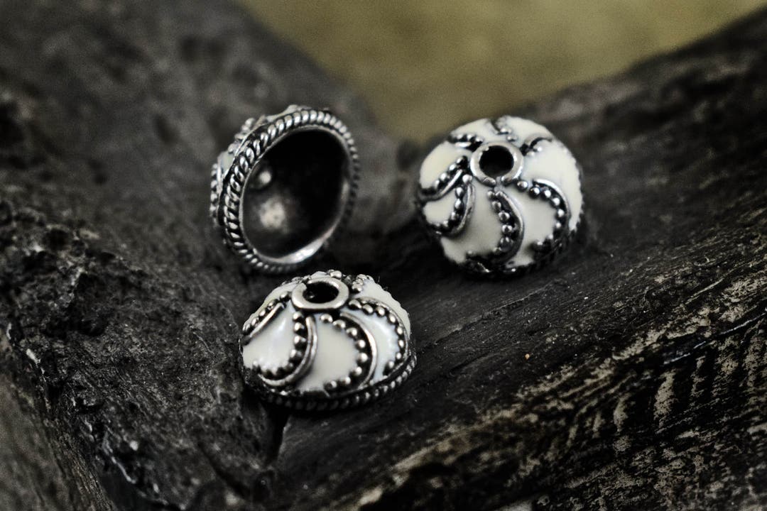 Antique Silver Bead Caps 13x6mm, White Enamel Bali Style Metal Bead ...