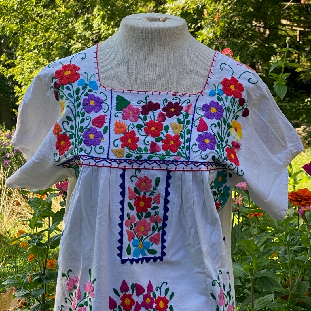 Vintage Mexican Embroidered Flowers Maxi Dress - Etsy
