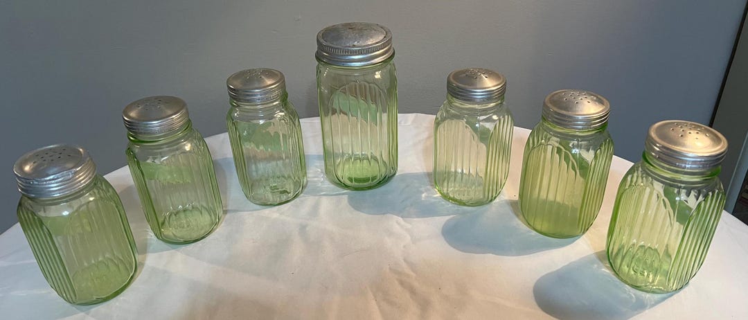 Vintage Ribbed Depression Uranium Glass Hoosier Jars Canisters With ...