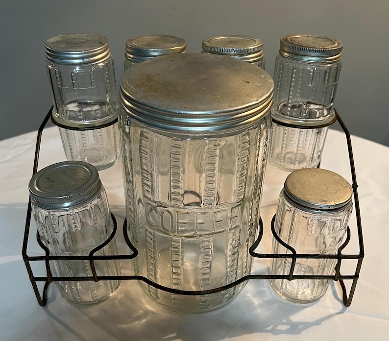 1920s Hoosier Cabinet Wire Spice Rack With Spice and Coffee Jars ...