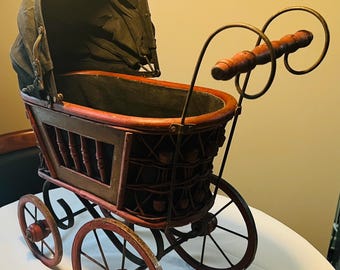 EARLY VICTORIAN WICKER Baby Carriage With Parasol Umbrella Full Size ...