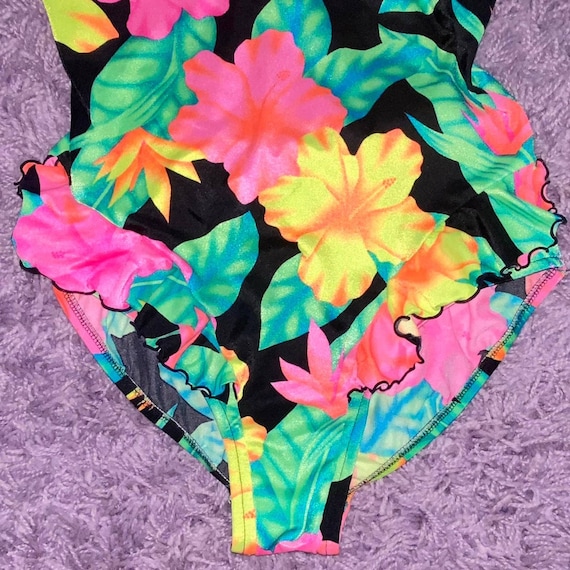 VTG 80s Miss USA Union Made Neon Tropical Ruffle Low … - Gem