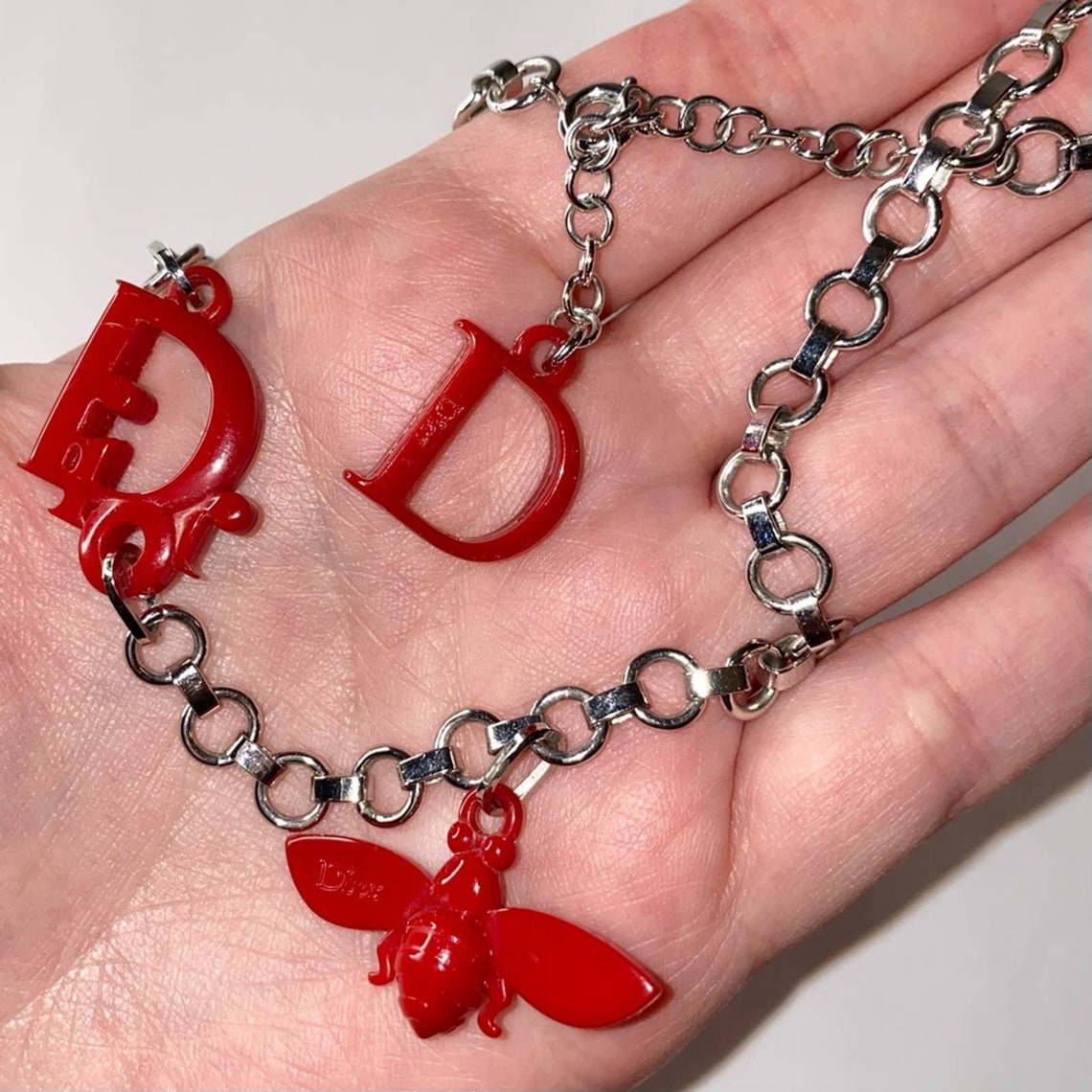 VTG Christian Dior Silver Chain Link Red Acrylic Bee Charm Logo Choker ...